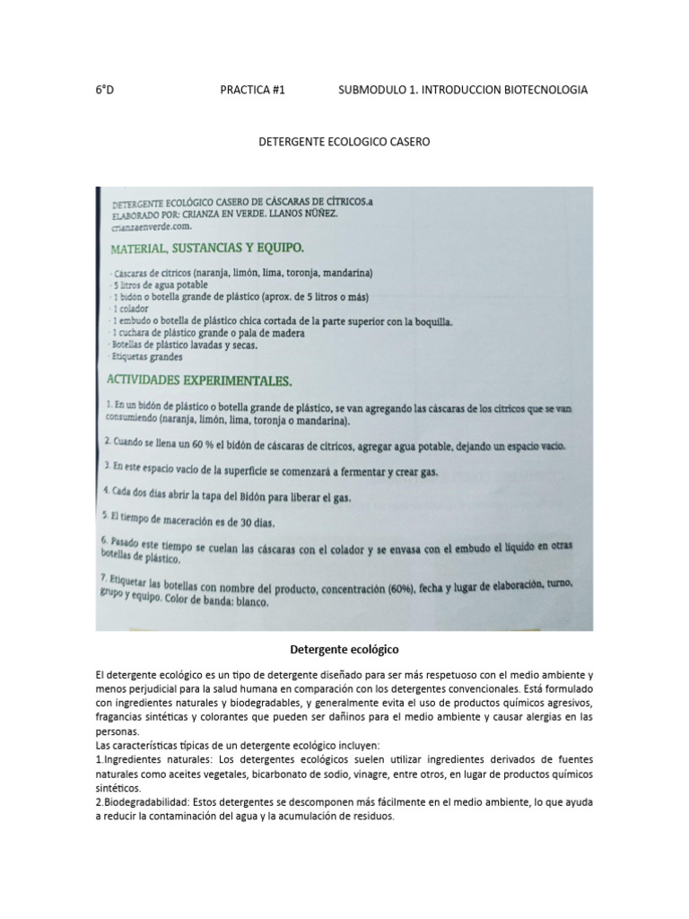6°D Practica #1 Submodulo 1. Introduccion Biotecnologia | PDF | Detergente | Agua