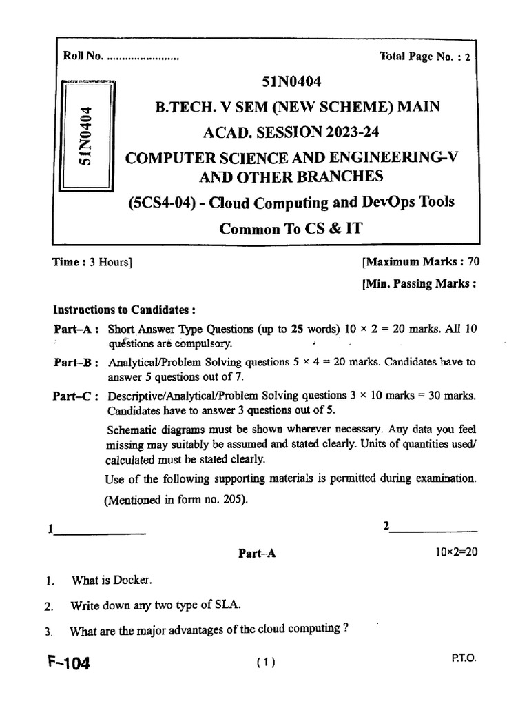 Btech Cs It 5 Sem Cloud Computing and Devops Tools 51n0404 2024 | PDF