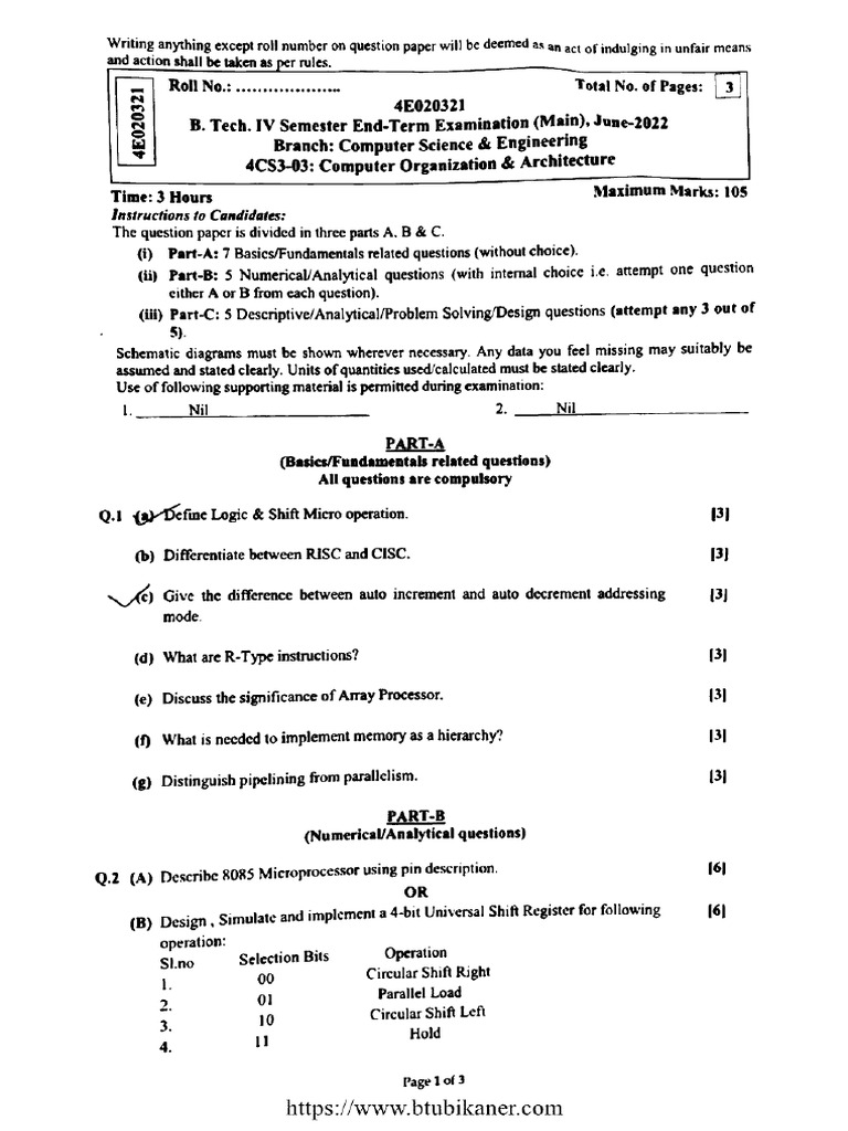 Btech Cs 4 Sem Computer Organization and Architecture 4e020321 Jun 2022 | PDF