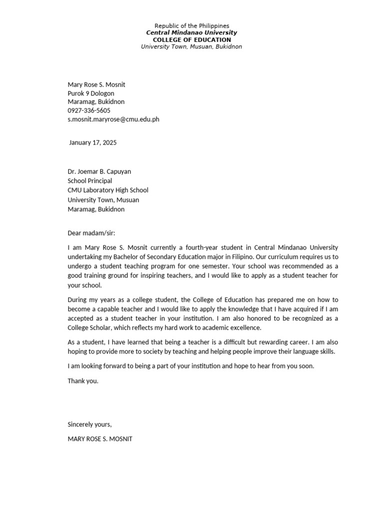 Student Teacher Application Letter | PDF