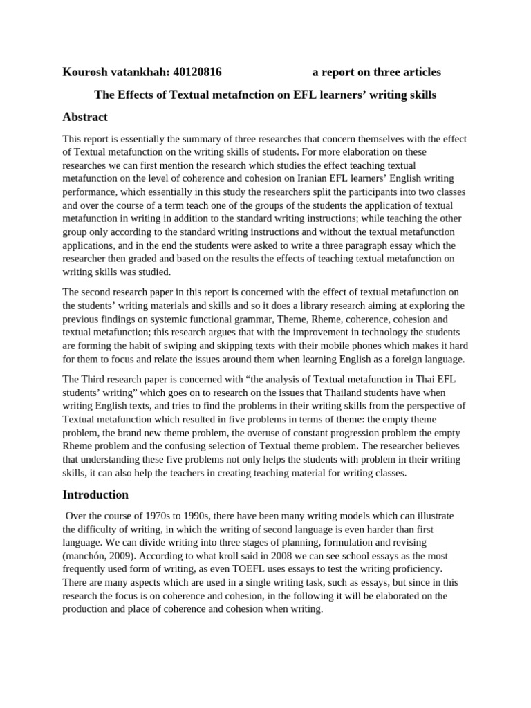 Kourosh Vatankhah - A Report On Three Acticles-Textual Metafunction | PDF | Linguistics | Semiotics