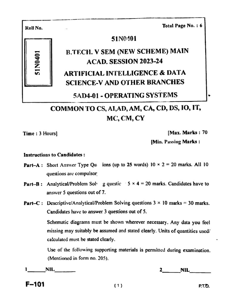 Btech Cs It 5 Sem Operating Systems 51n0401 2024 | PDF