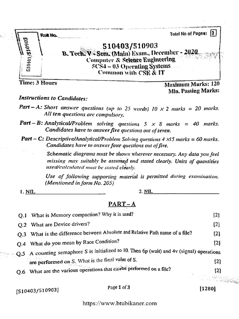 Btech Cs It 5 Sem Operating Systems 510403 Dec 2020 | PDF