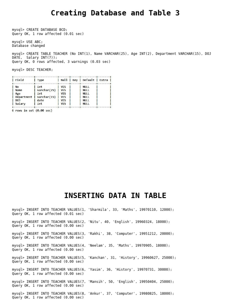 MySQL Database and Teacher Table Setup | PDF