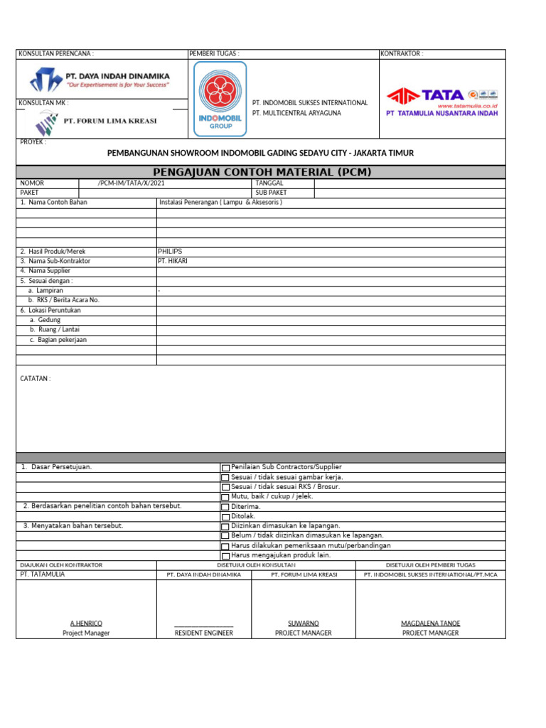 Pengajuan Contoh Material Showroom Indomobil | PDF