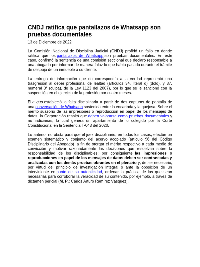 CNDJ Ratifica Que Pantallazos de Whatsapp Son Pruebas Documentales | PDF