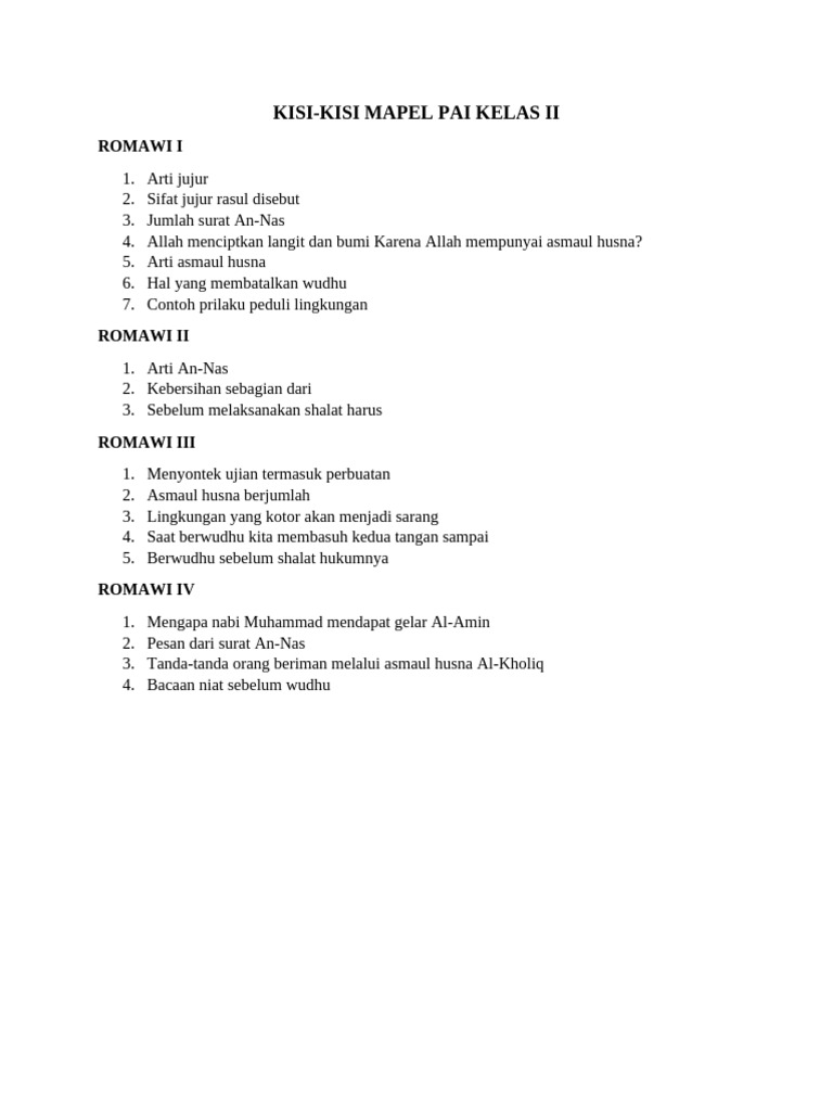 Kisi-Kisi PAI & BTQ Kelas II | PDF