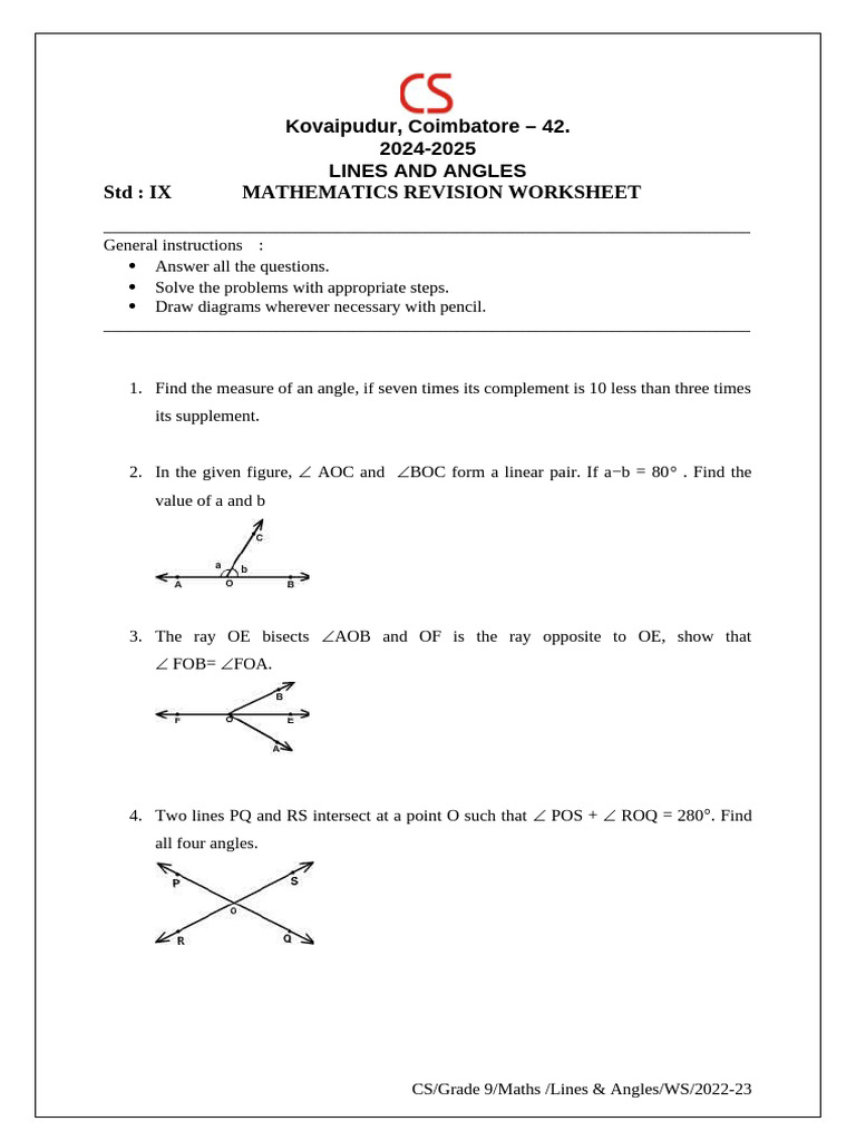 12 05 32-1-02 2025 Grade 9 Math Lines Angles Worksheet | PDF