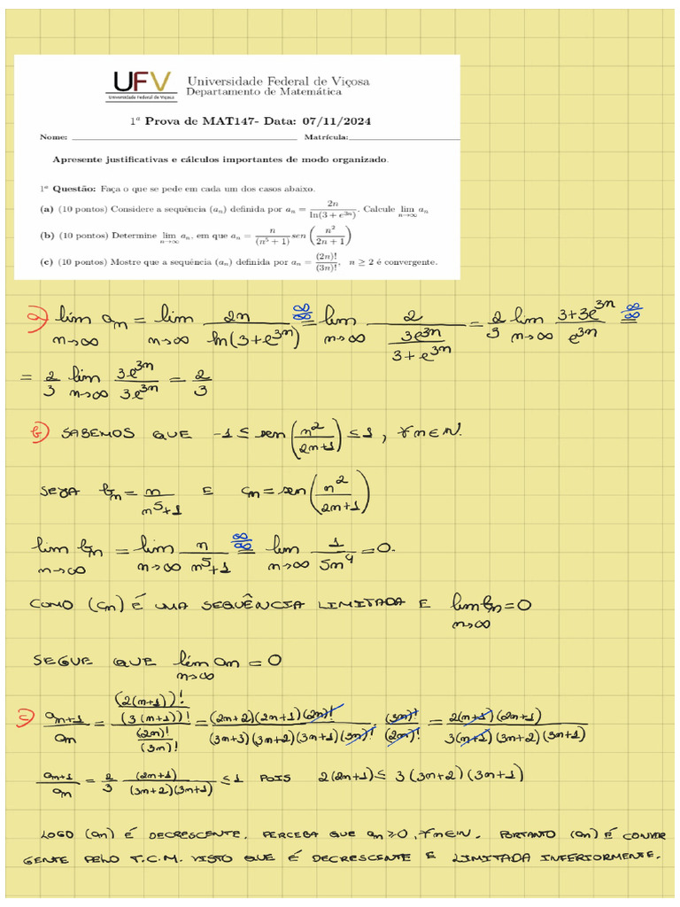 1 Prova Mat 147 - T6 - (Quinta) - 1 | PDF