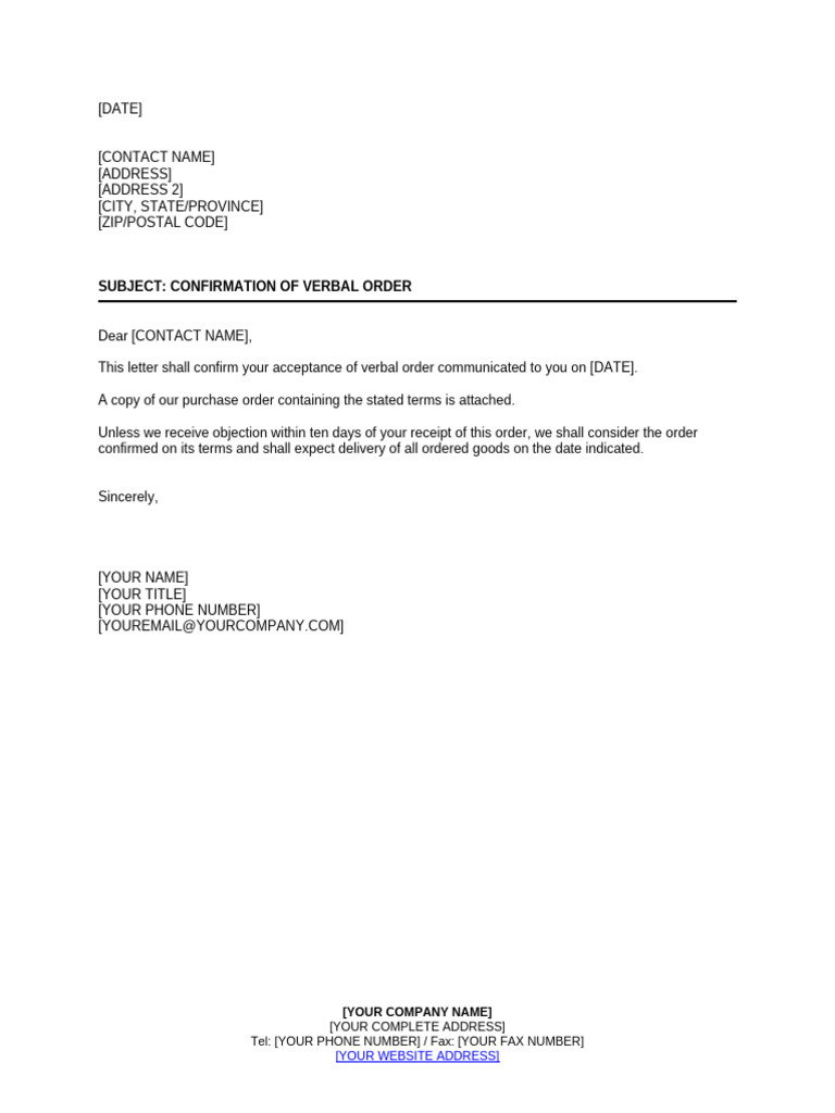 Confirmation of Verbal Order D1054 | PDF