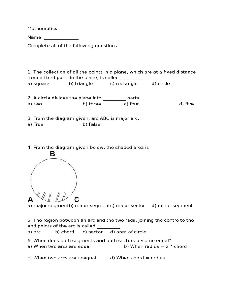 Circle Geometry Quiz Questions | PDF | Area | Circle