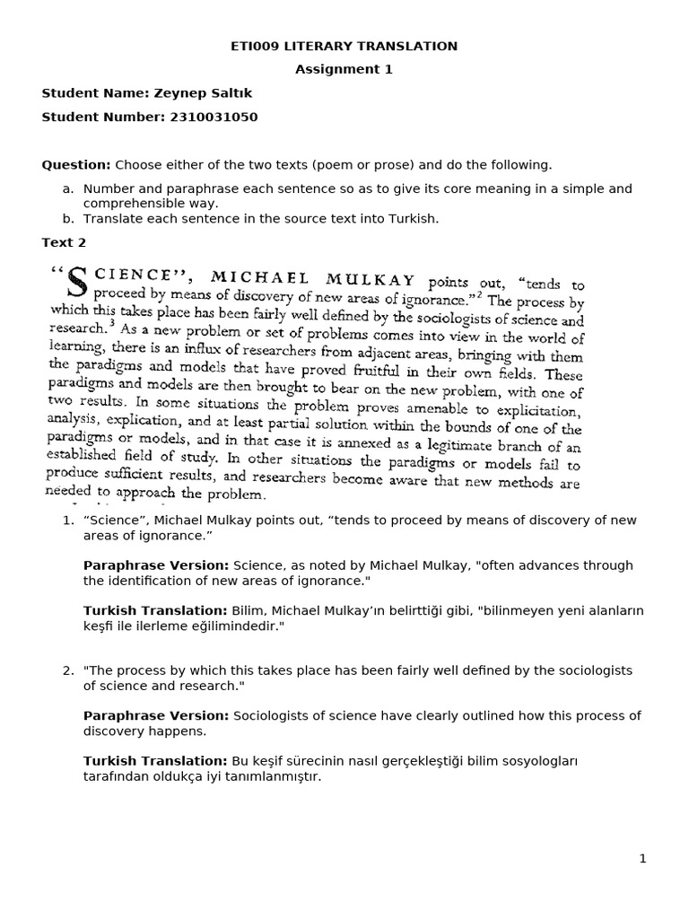 2310031050 - Zeynep Saltık - ETI009 Lit. Tr. Assignment 1 | PDF | Translations | Liberal Arts ...