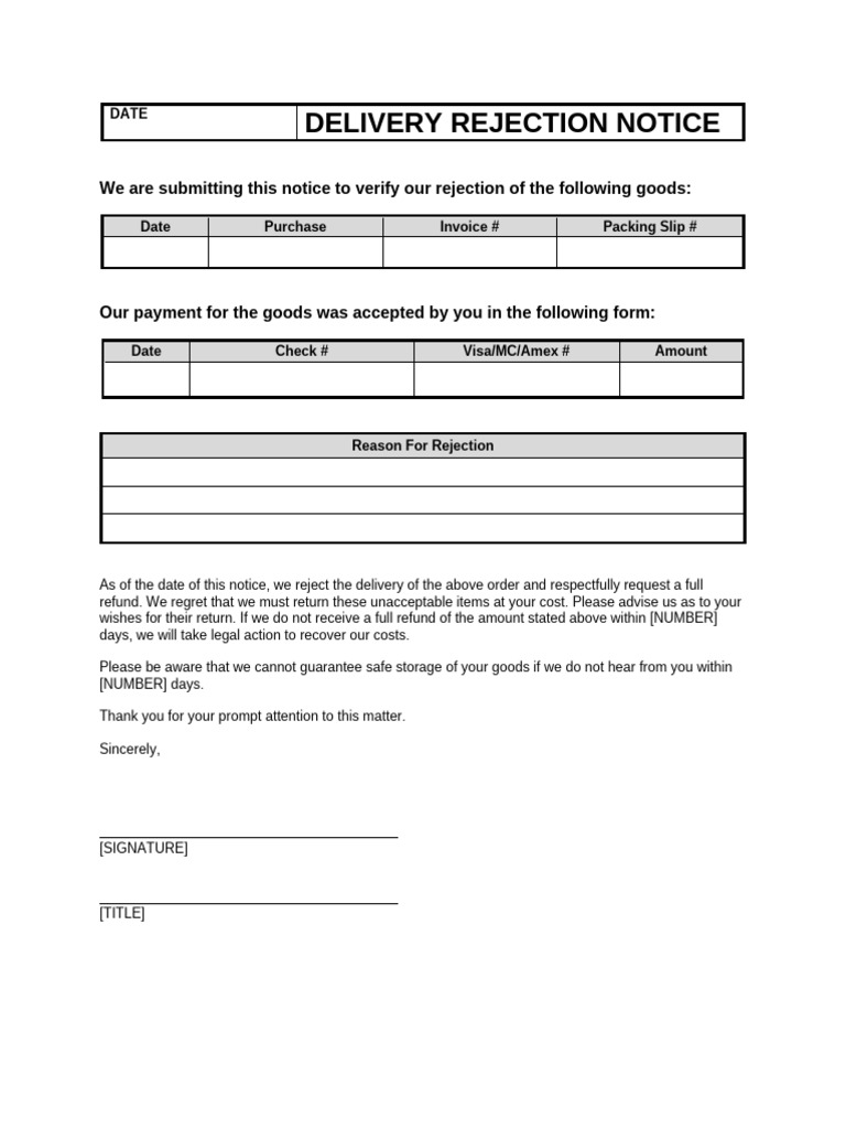 Delivery Rejection Notice and Refund Request | PDF