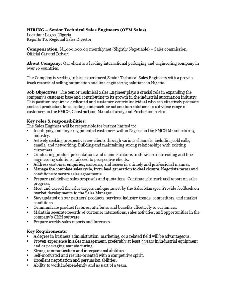Senior Technical Sales Engineer Job in Lagos | PDF | Sales | Automation
