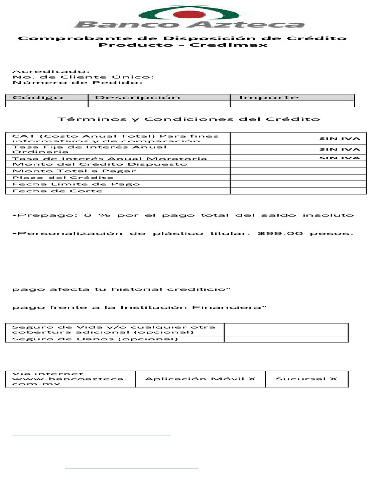 Comprobante de Disposición de Crédito Producto - Credimax: Código ...