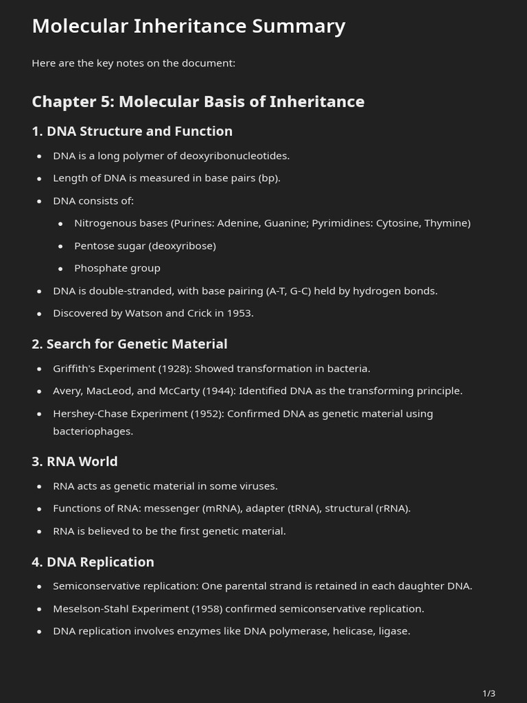 Molecular Inheritance Summary | PDF | Dna | Gene