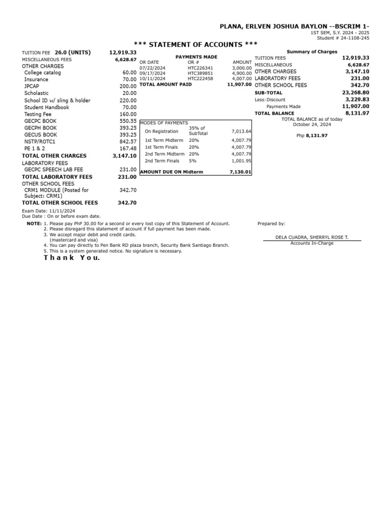 Student Account Statement 2024 | PDF | Debit Card | Retail Financial ...