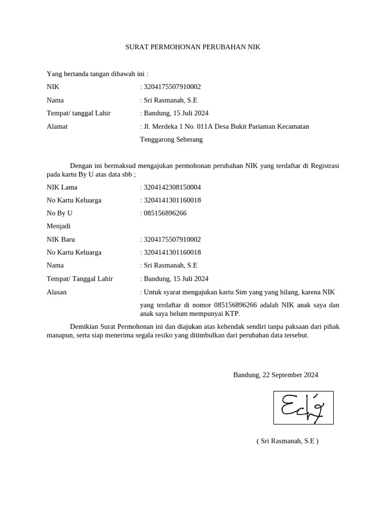 SURAT PERMOHONAN PERUBAHAN NIK | PDF