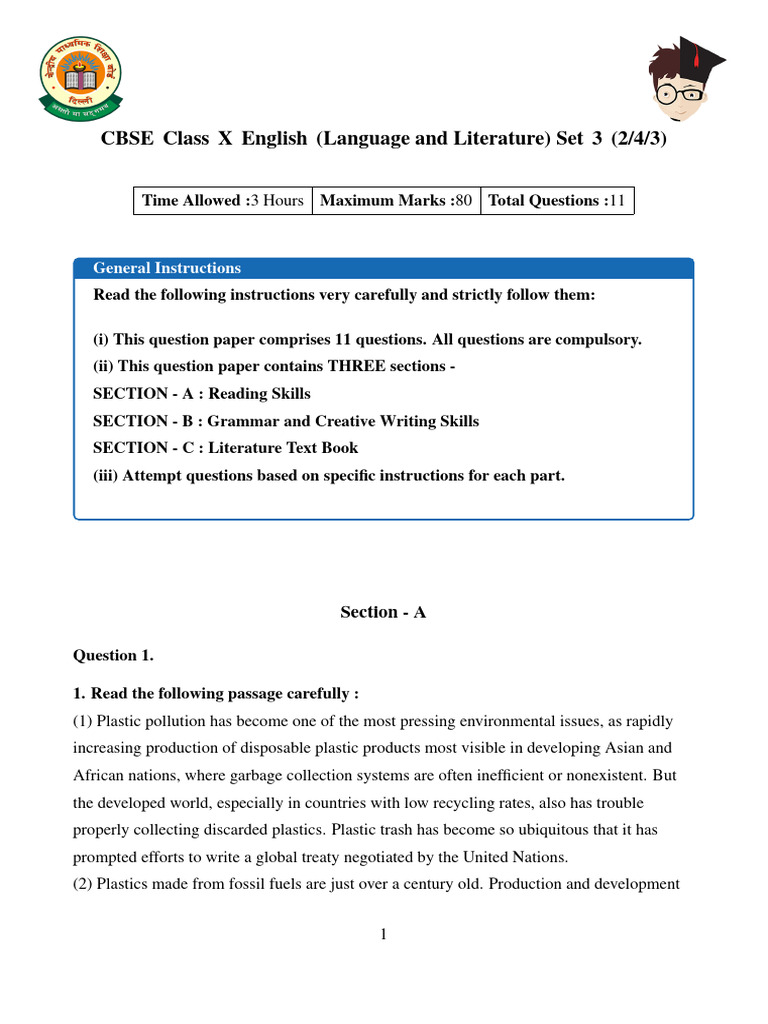CBSE Class 10 English Question Paper 2024 Set 3 2 4 3 | PDF | Crop ...
