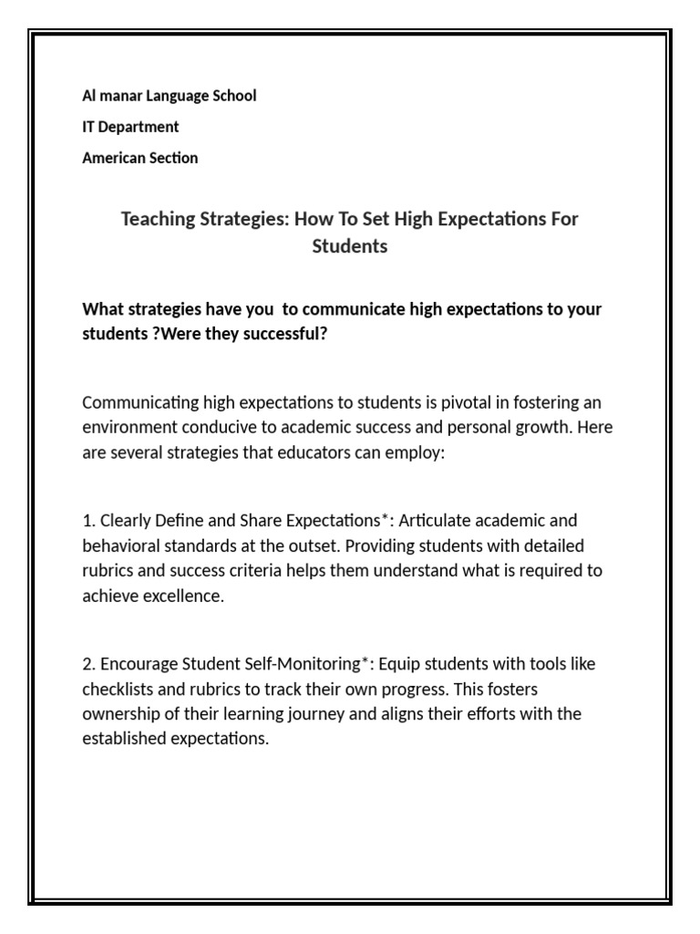 High Expectations Teaching Strategies | PDF
