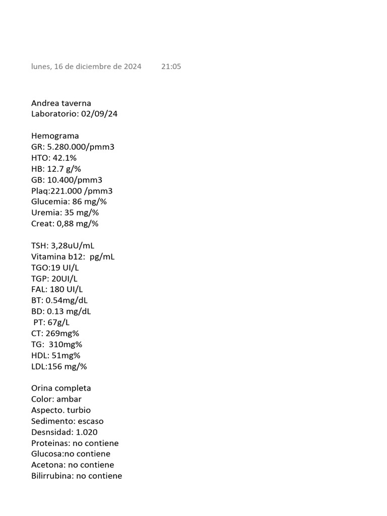 Resultados de Hemograma y Orina de Andrea | PDF