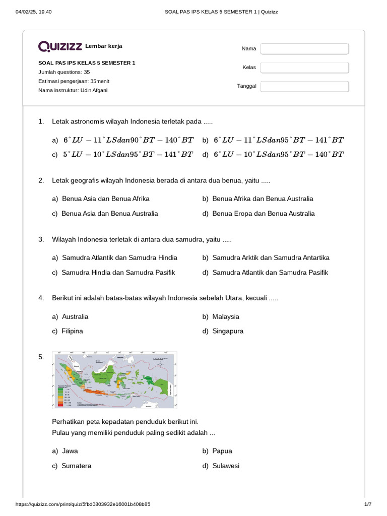 SOAL PAS IPS KELAS 5 SEMESTER 1 - Quizizz | PDF