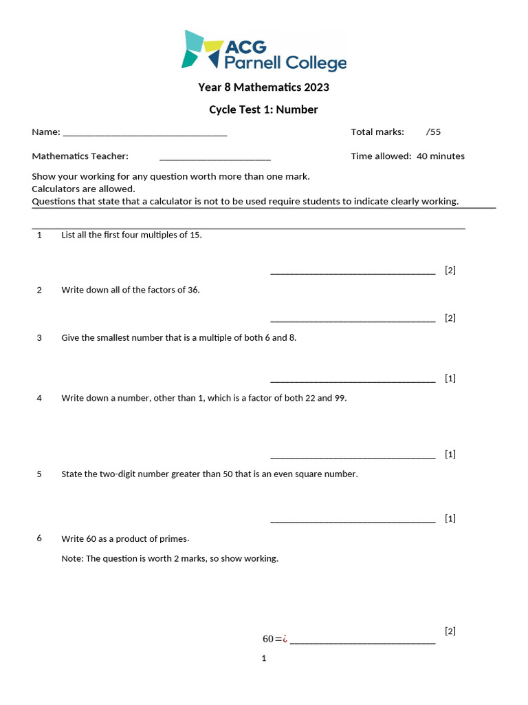 Math-Year-08-ACGP-CT1-2023-Number | PDF | Numbers | Arithmetic