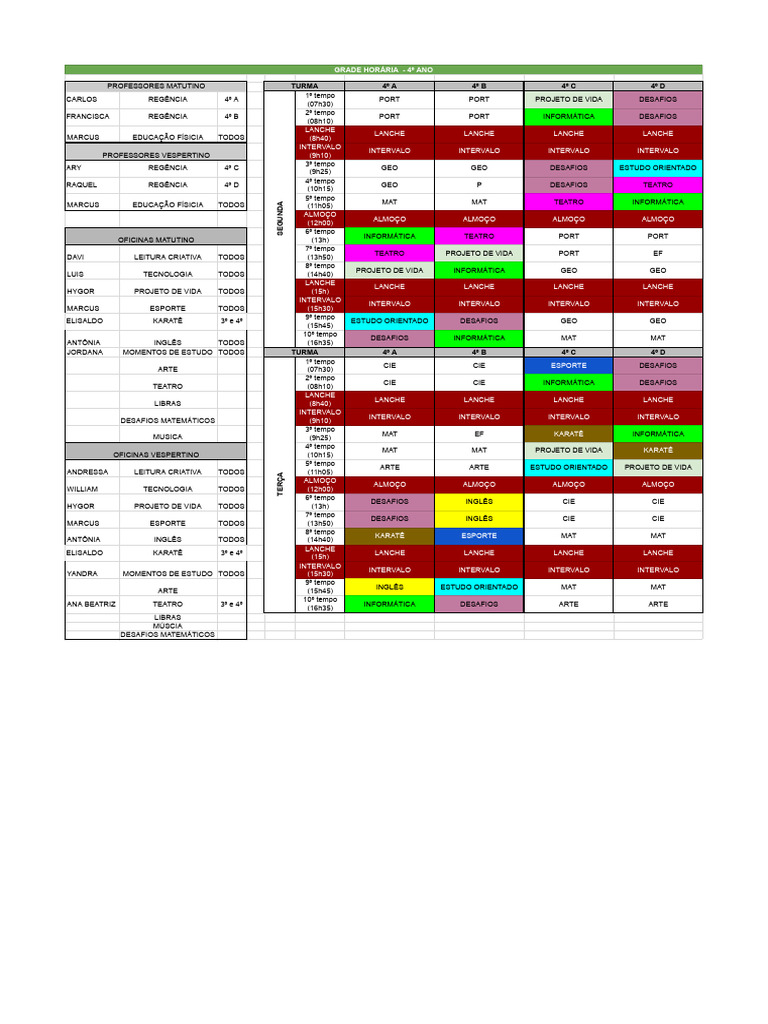 Grade Horária - 4º Ano | PDF