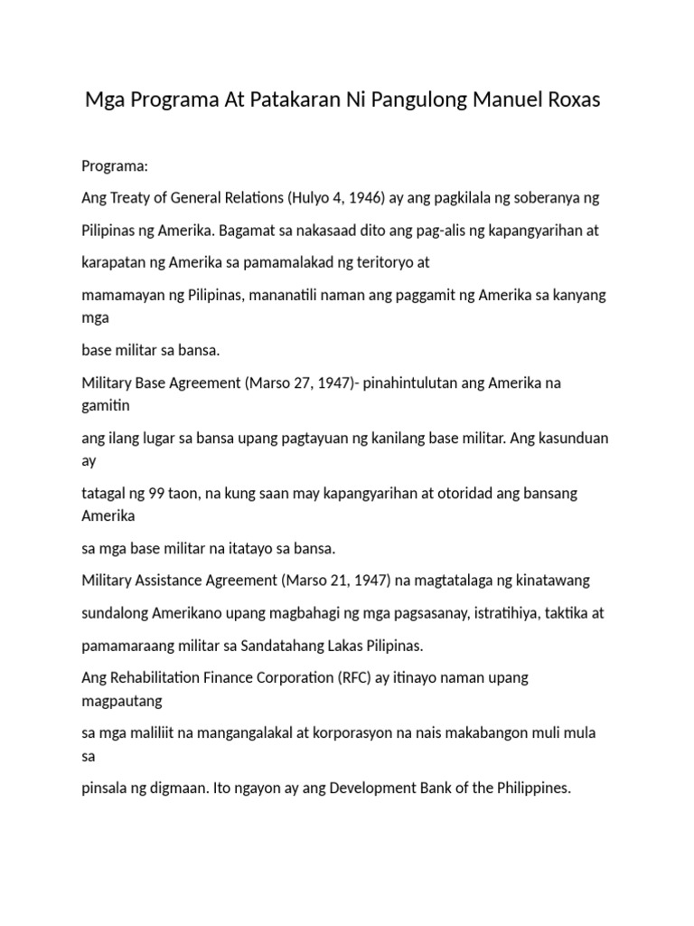 Mga Programa at Patakaran Ni Pangulong Manuel Roxas | PDF