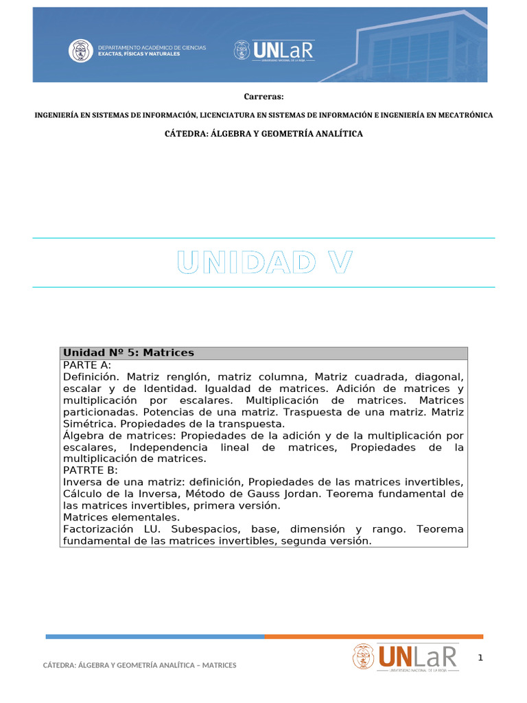 Unidad #5 - MATRICES PARTE A A | PDF | Matriz (Matemáticas) | Matemáticas