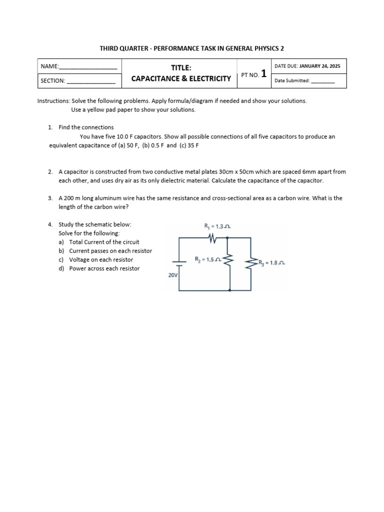 3Q PERFORMANCE TASK 1 General Physics 2 | PDF
