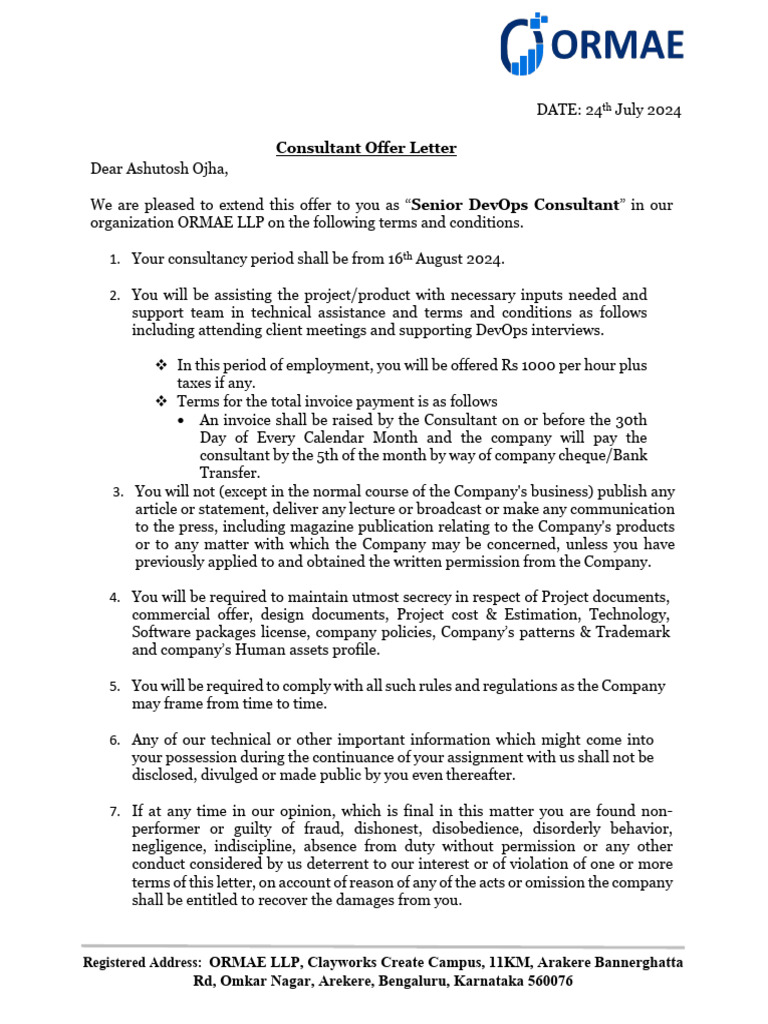 Ashutosh Ojha - Consultant Letter | PDF | Business | Private Law