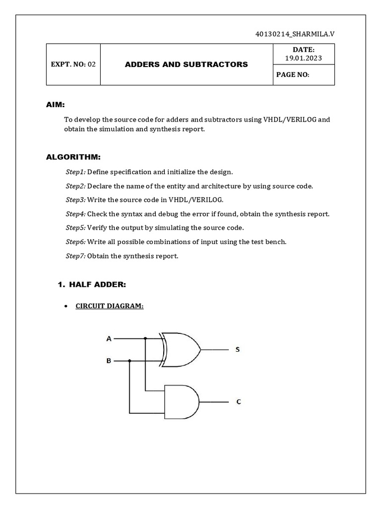 Hdl Adders Subtractors Pdf Vhdl Hardware Description Language