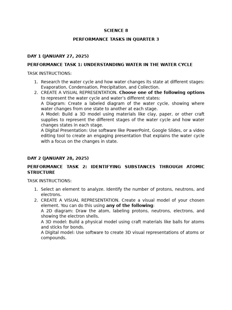 Science 8: Q3 Performance Tasks | PDF | Chemistry | Atoms