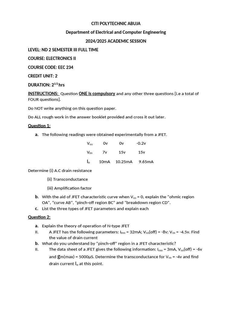 Exam Questions On Electronics II & Telecomm II Semester III CITI POLY ...