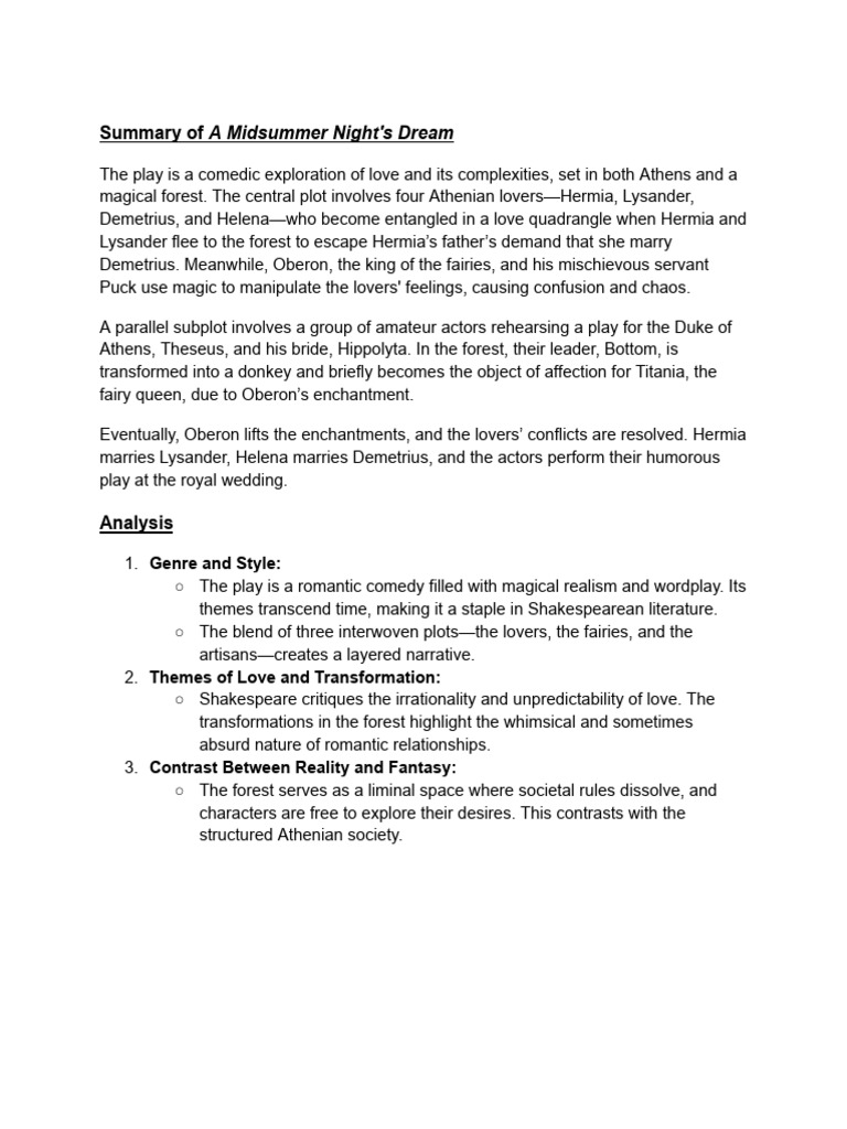 A Midsummer Night's Dream Summary | PDF | A Midsummer Night's Dream
