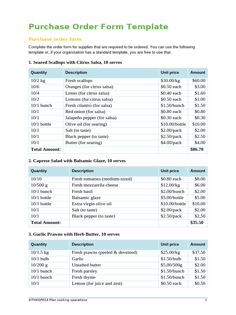 Purchase Order Form for Catering Menu | PDF | Garlic | Pancake