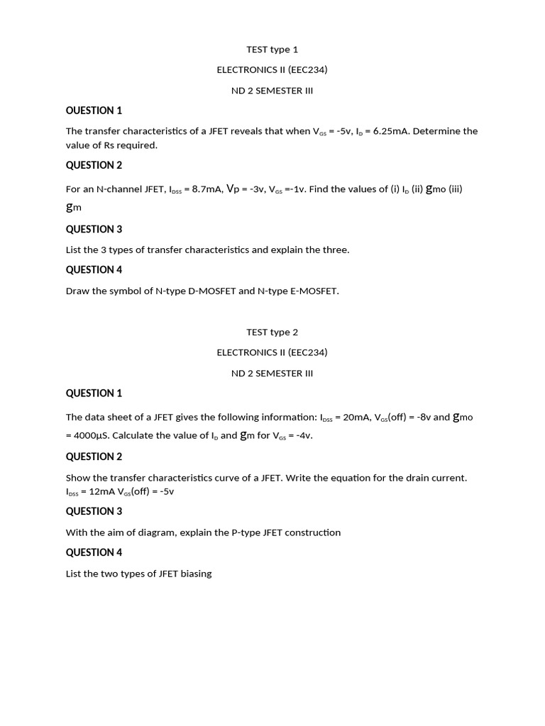 Test Question Electronics Ii | PDF | Field Effect Transistor ...