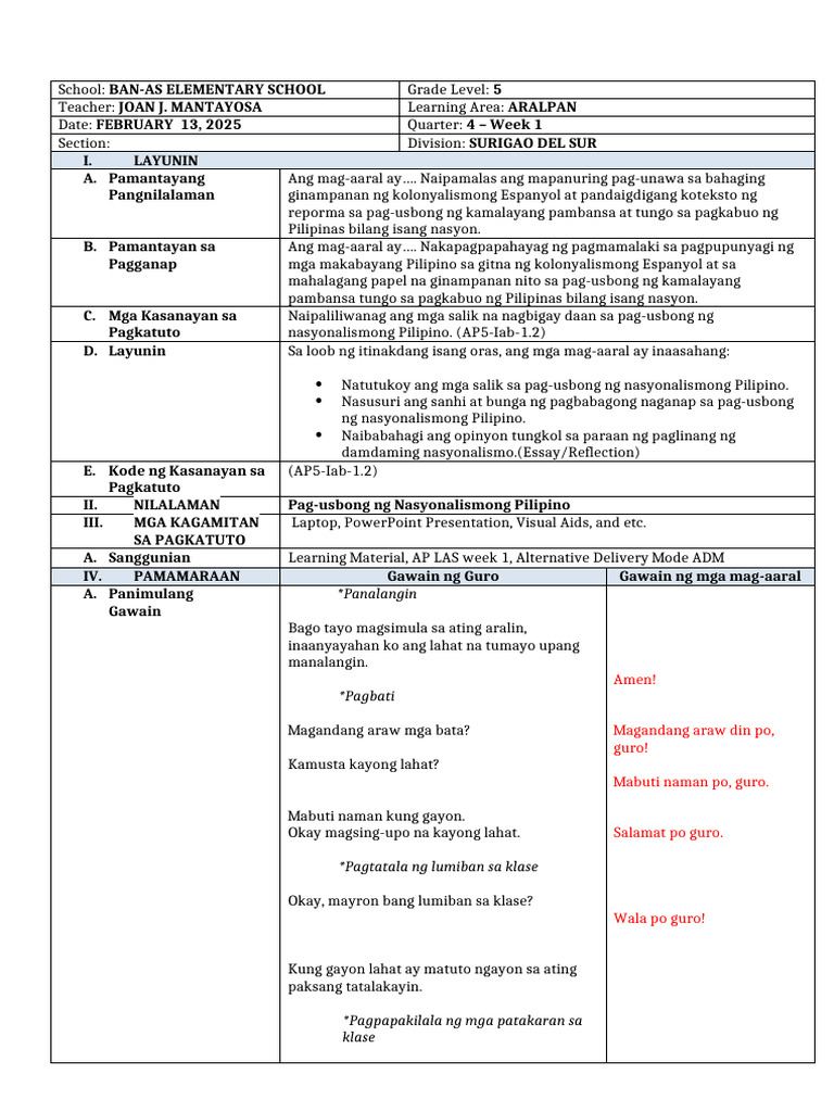 Aralpan5 Lesson Plan 4 | PDF