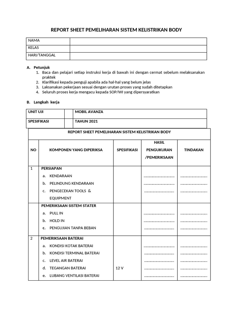 Report Sheet Sistem Kelistrikan Body | PDF
