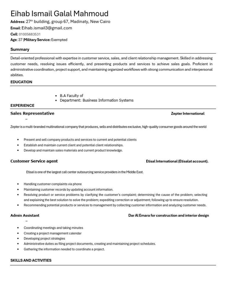 Eihab Ismail Galal Mahmoud Resume | PDF | Sales | Communication