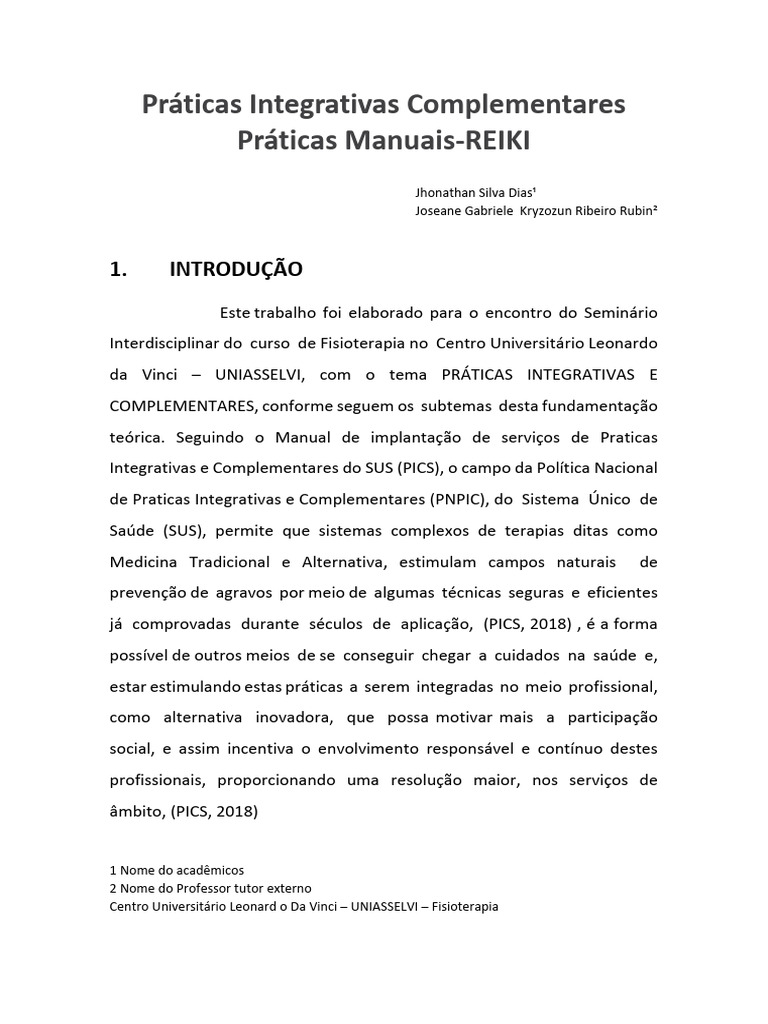 Práticas Integrativas Complementares Práticas Manuais | PDF | Reiki | Estresse (Biologia)