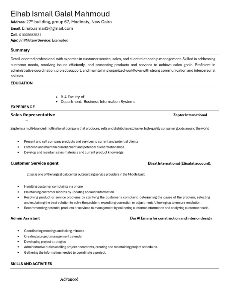 Eihab Ismail Galal Mahmoud Resume-1 | PDF | Sales | Communication
