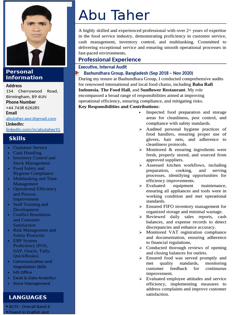 Taher-Resume-1 - Food Chain | PDF | Regulatory Compliance | Inventory