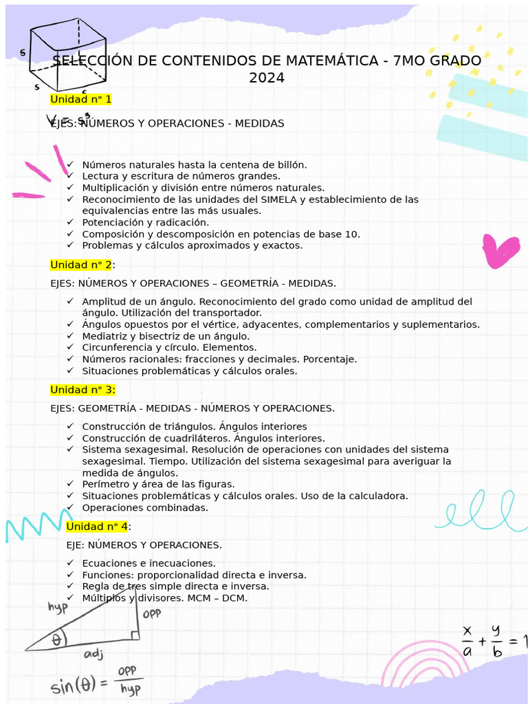 Contenidos de Matemática 7mo Grado 2024 | PDF
