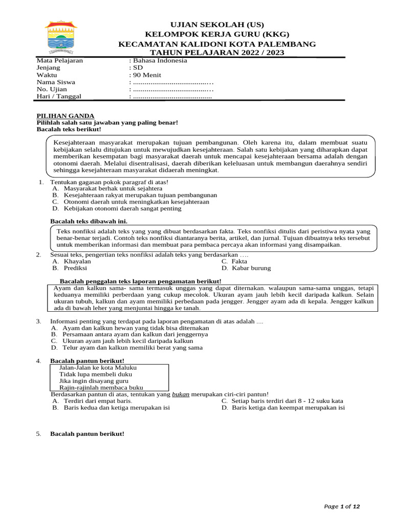 Naskah Soal Us Bhs Indonesia Kelas 6 Tp 2023 | PDF