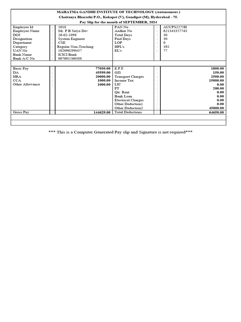 Payslip for the month of SEPTEMBER 2024. | PDF | Economies | Personal Finance