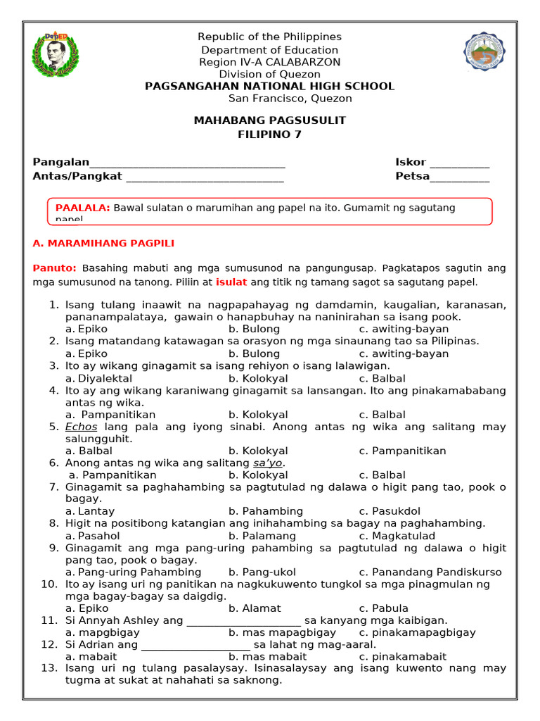 MAHABANG PAGSUSULIT FILIPINO 7 | PDF