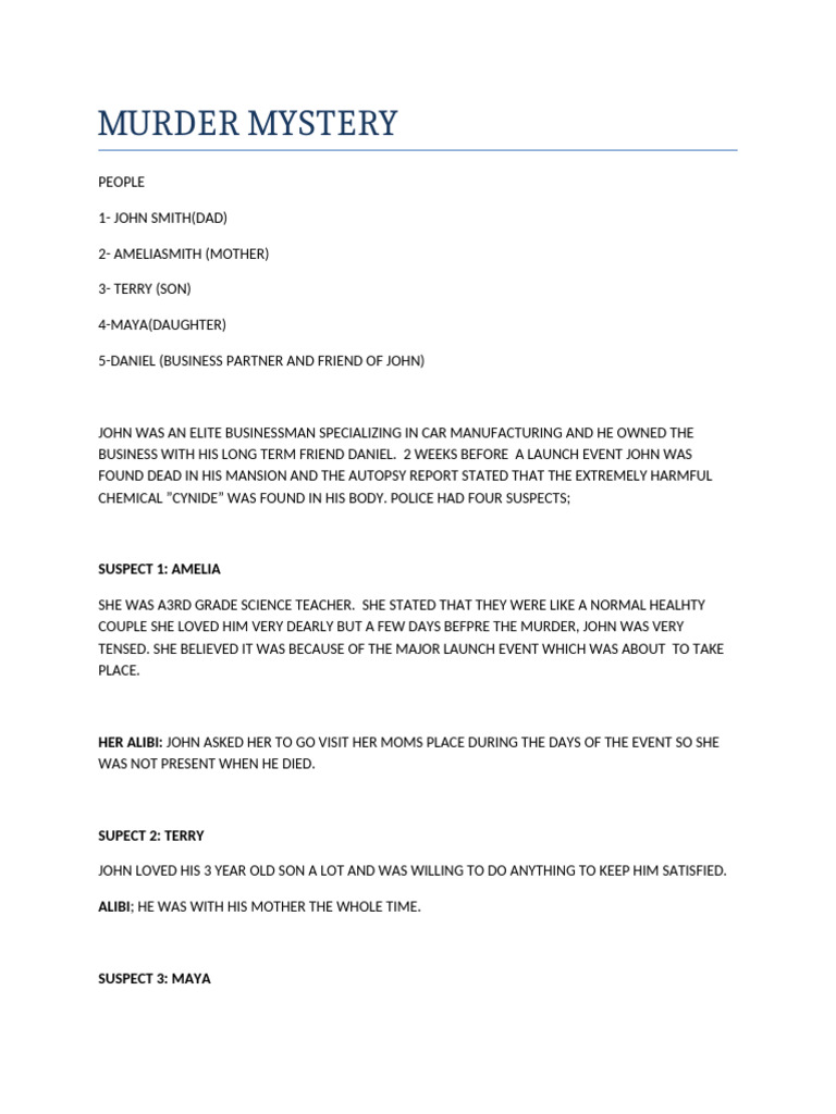 Murder Mystery: Suspect 1: Amelia | PDF