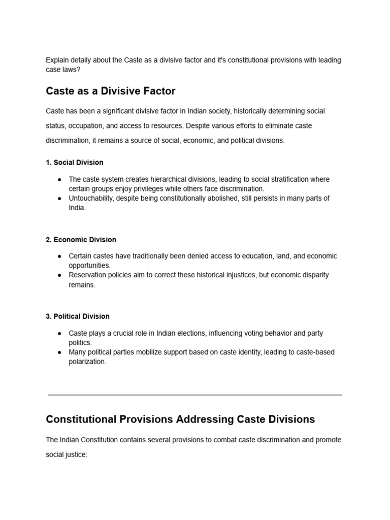 Explain Detaily About The Caste As A Divisive Factor and It's ...